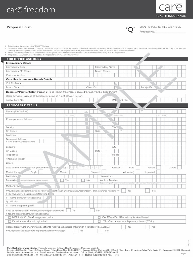 Care Freedom Proposal Form | PDF | Insurance | Chronic Obstructive ...