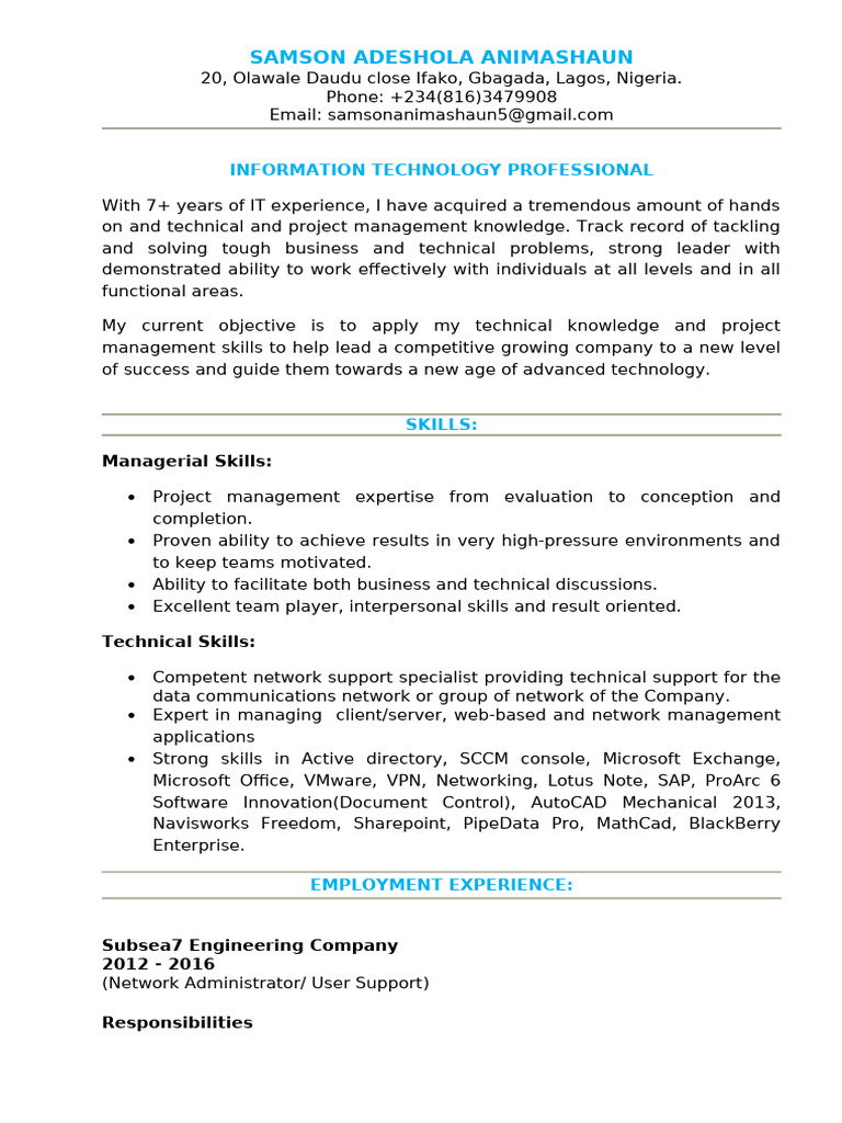 Samson Adeshola Animashaun CV It Networking Administrator | PDF ...