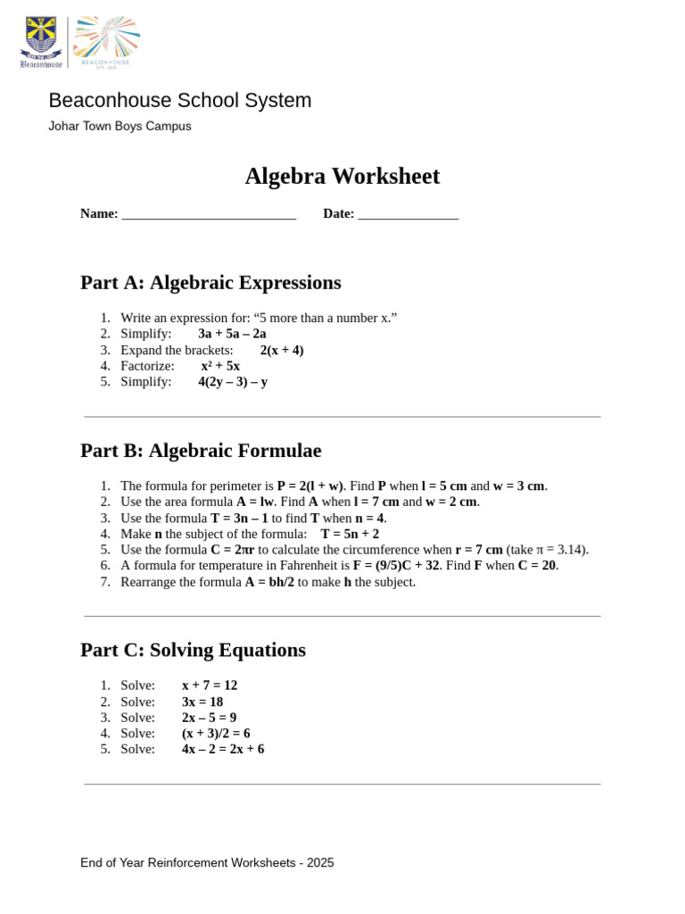 Algebra Worksheet EOY.docx - Google Docs | PDF