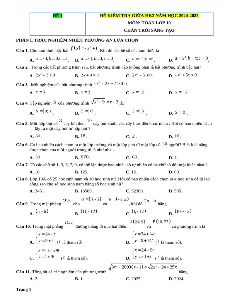 ĐỀ KTRA TOÁN 10 GK2 (2025) | PDF