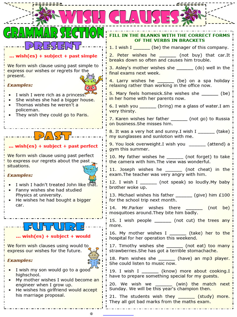 Wish Clauses Worksheet Grammar Explanation | PDF | Clause | Linguistic Morphology