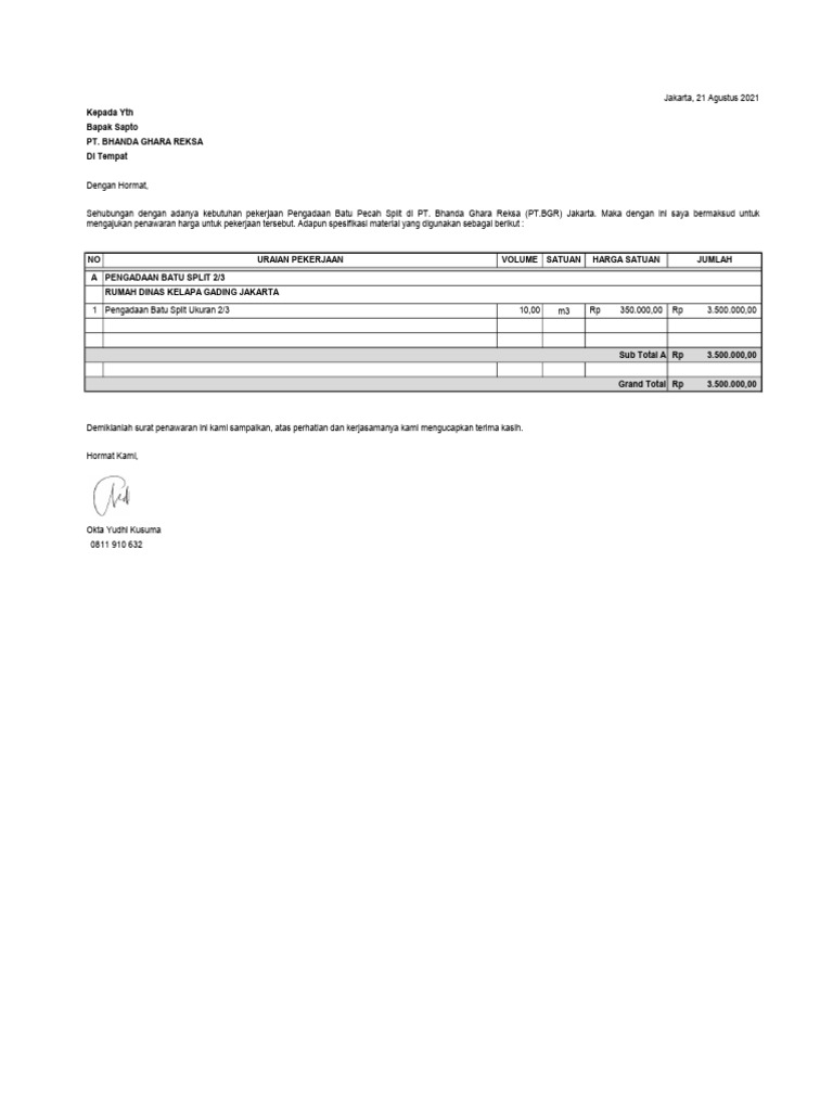 Penawaran Harga Pekerjaan Split Awal | PDF