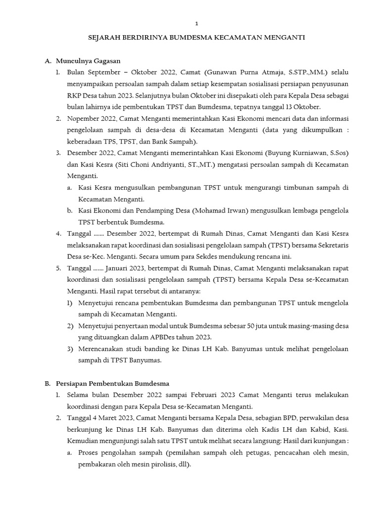 Sejarah Pembentukan Bumdesma Kecamatan Menganti | PDF