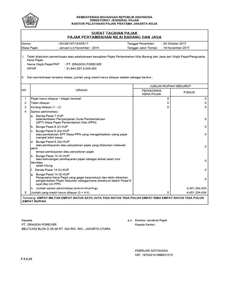 Surat Tagihan PPN PT. Dragon Forever | PDF