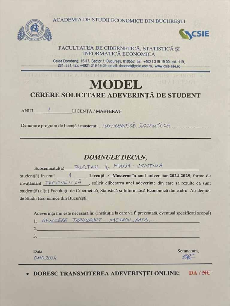 Cerere Adeverinta Student - Transport | PDF