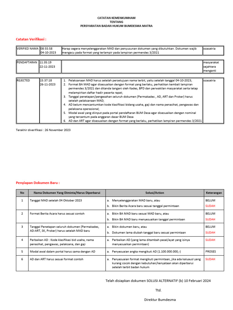 1. CATATAN BADAN HUKUM BUMDESMA & PERSETUJUAN | PDF