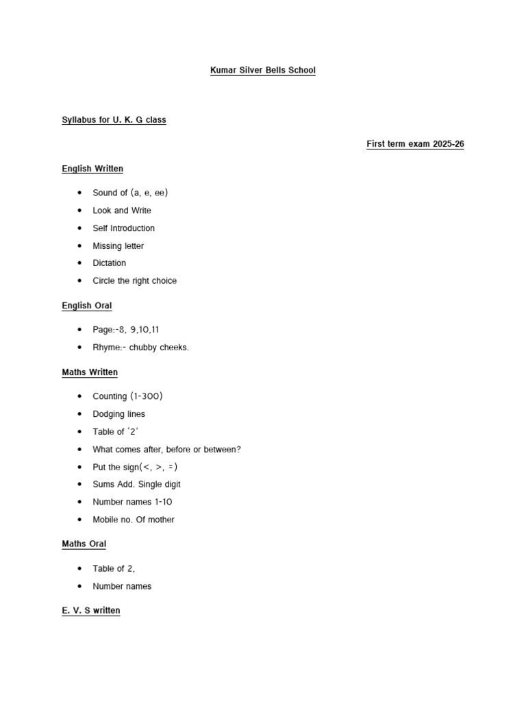 Class Ukg Firat Term Syllabus 2025-26 | PDF