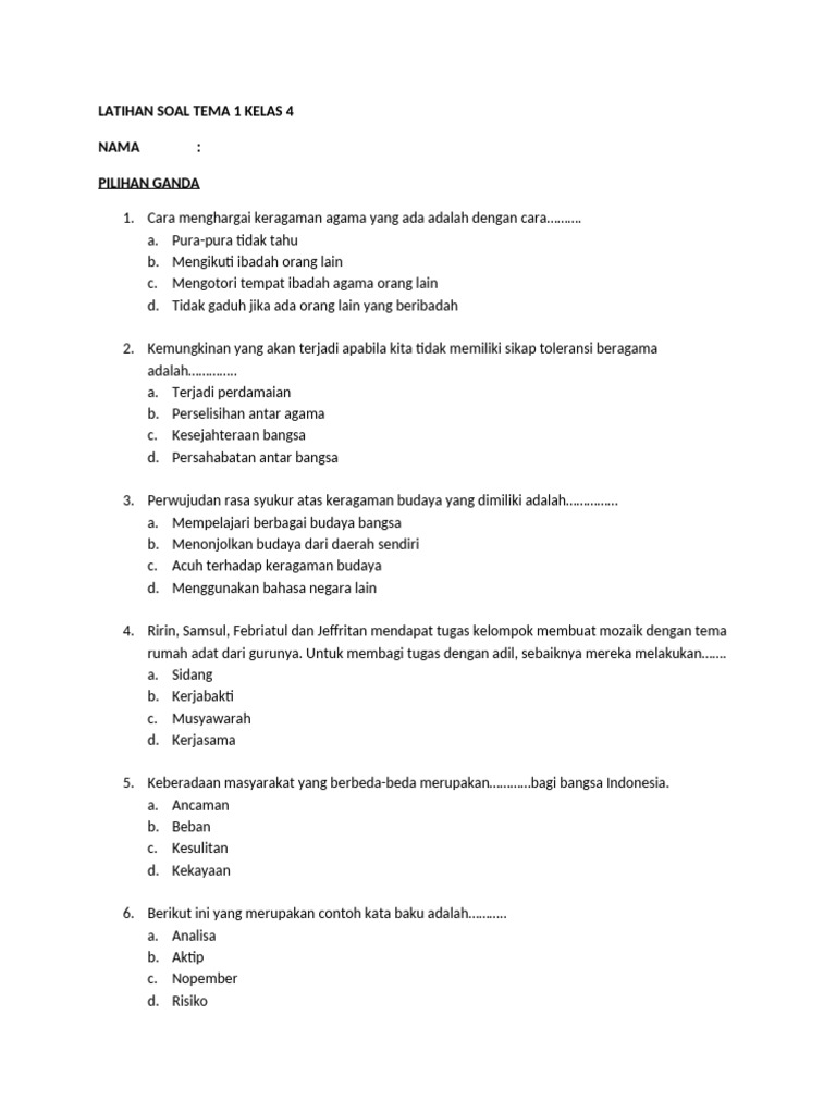 Latihan Soal Tema 1 Kelas 4 | PDF