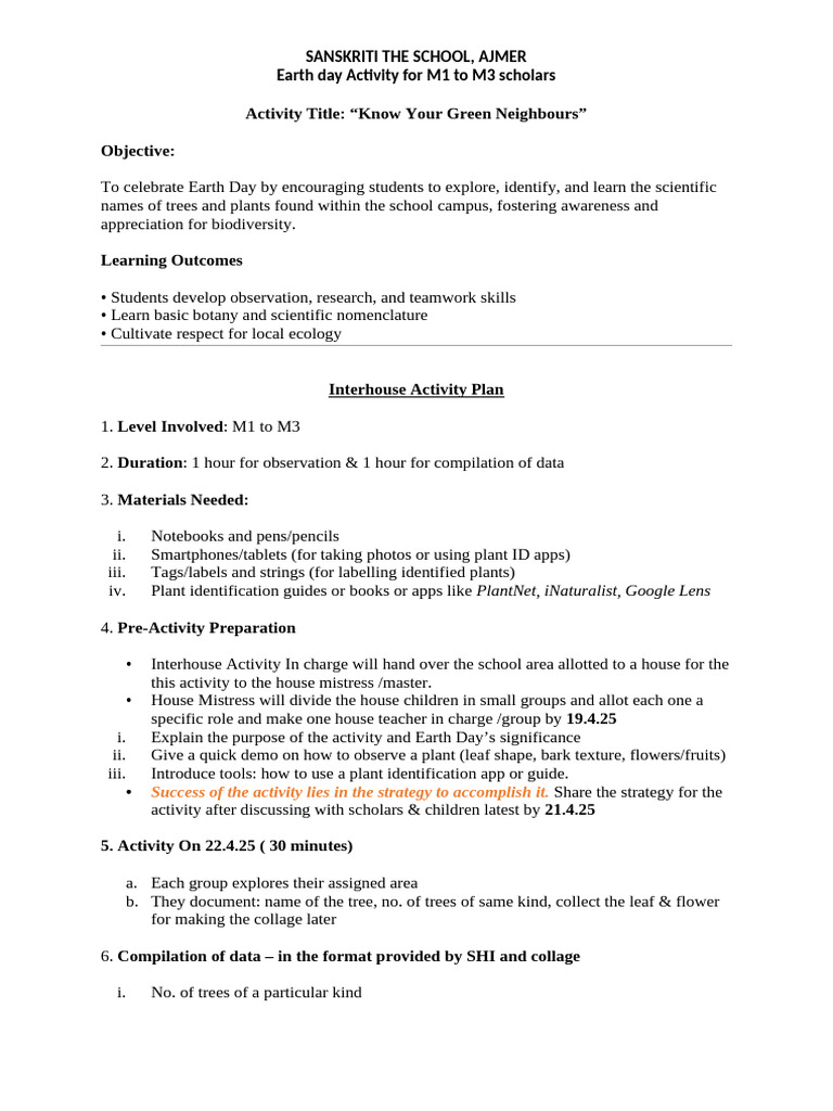 Earth Day Interhouse Activity - M1 To M3 | PDF | Trees | Plants