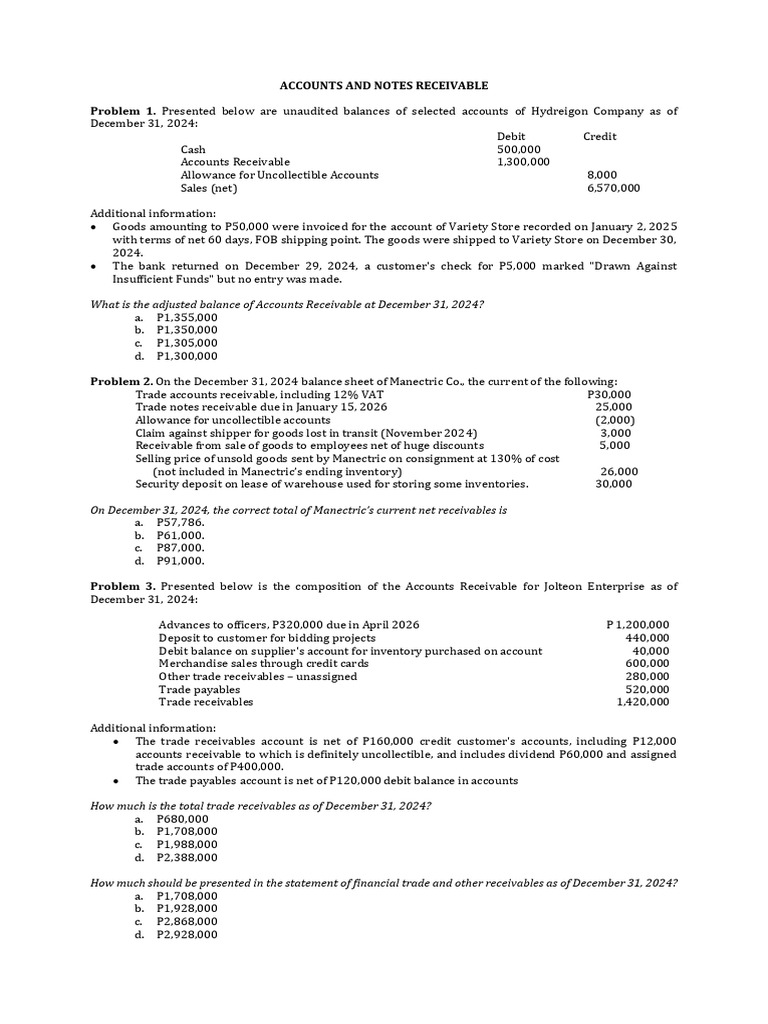 Review Problems Accounts and Notes Receivable | PDF | Bad Debt | Debits ...