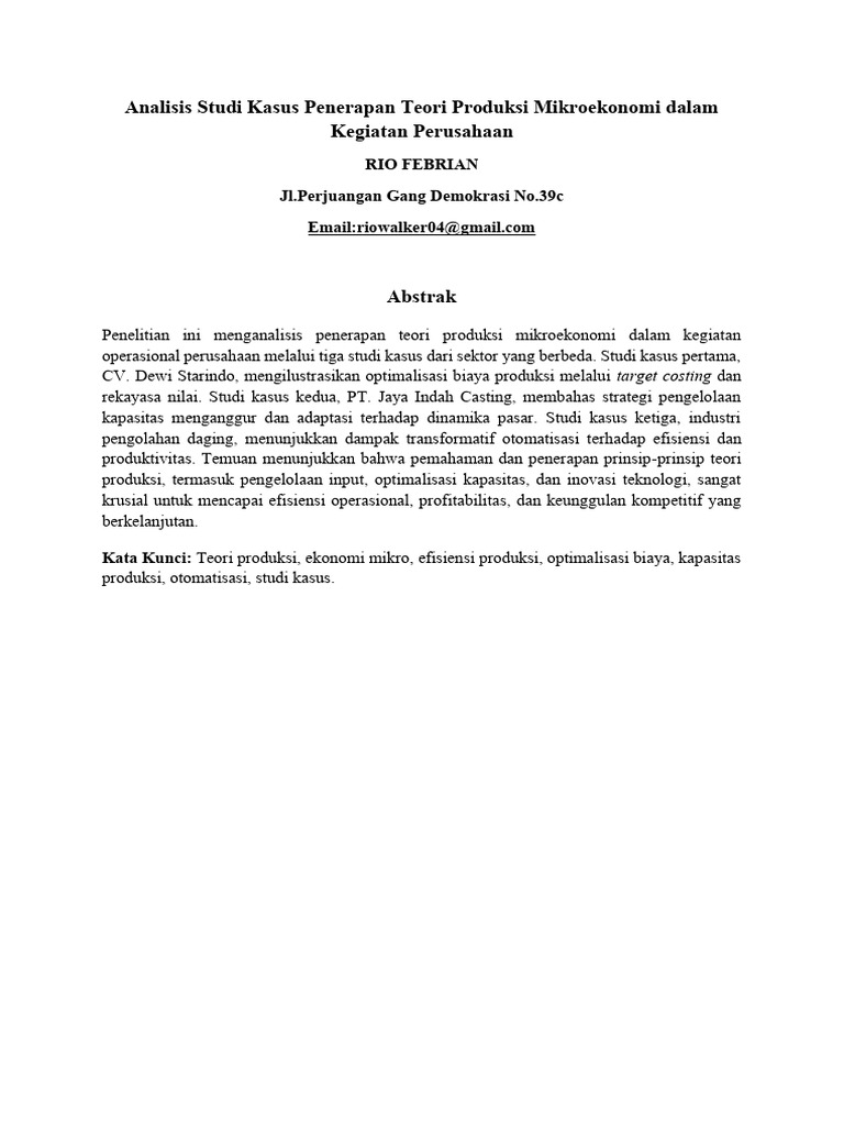 Analisis Studi Kasus Penerapan Teori Produksi Mikroekonomi Dalam Kegiatan Perusahaan | PDF