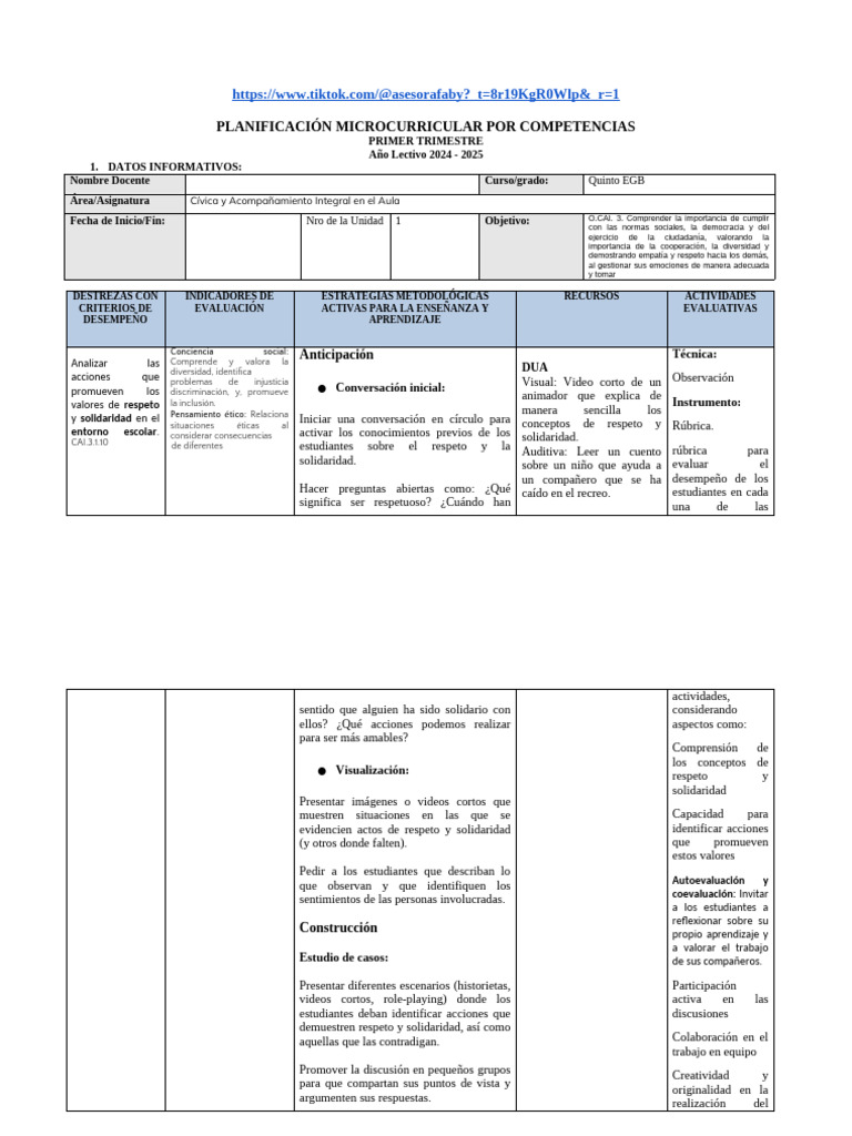 Planificación Microcurricular-Acompañamiento Integral en El Aula | PDF | Evaluación | Ciencia ...