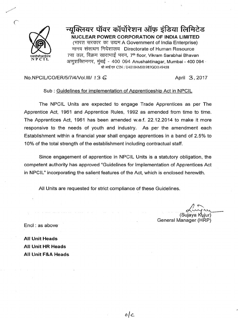 Guidelines Implementation ApprenticeshipAct NPCIL April 2017 | PDF