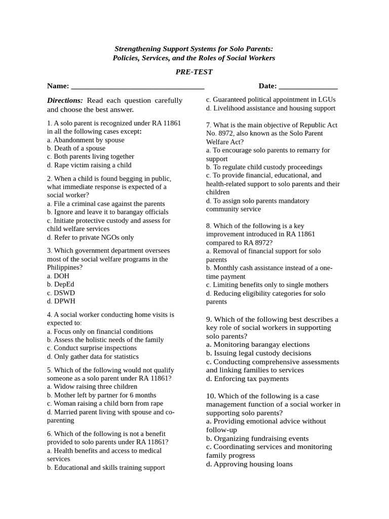 PRETEST POST TEST 136 Copies | PDF | Social Work | Child Custody