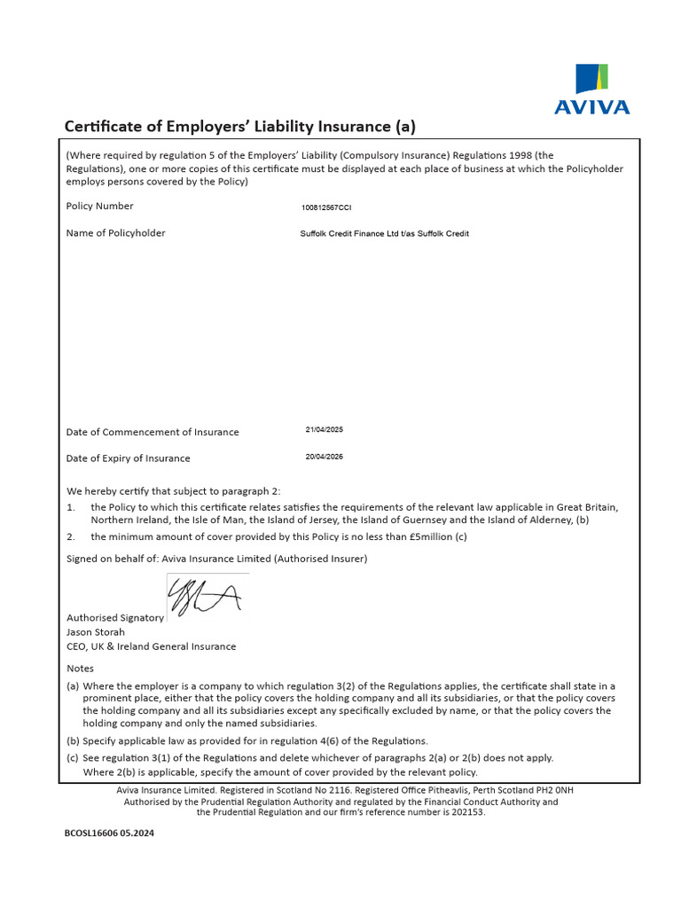 Aviva Employers' Liability Insurance Certificate | PDF