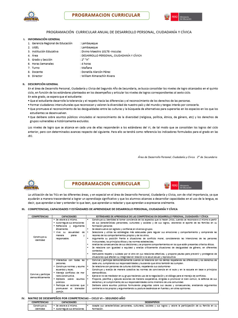 DPCC Programacion Anual 2do | PDF | Enseñando | Aprendizaje