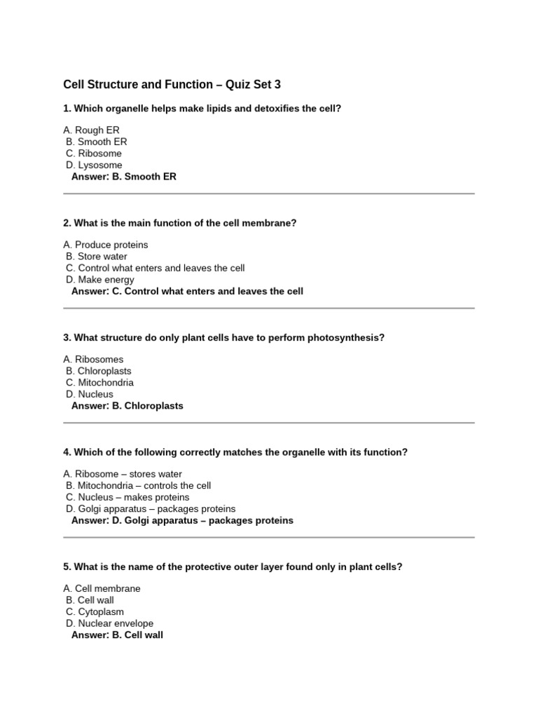 Cell Structure and Function - Quiz Set 3 | PDF