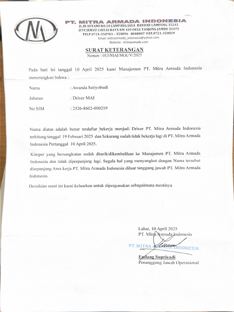 Surat perpindahan awanda vendor | PDF