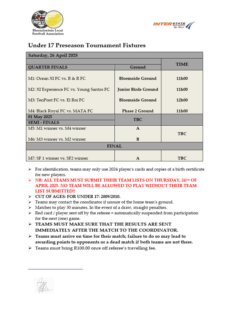 Pre-Season Tournament Under 17 Results and Fixture Updated | PDF