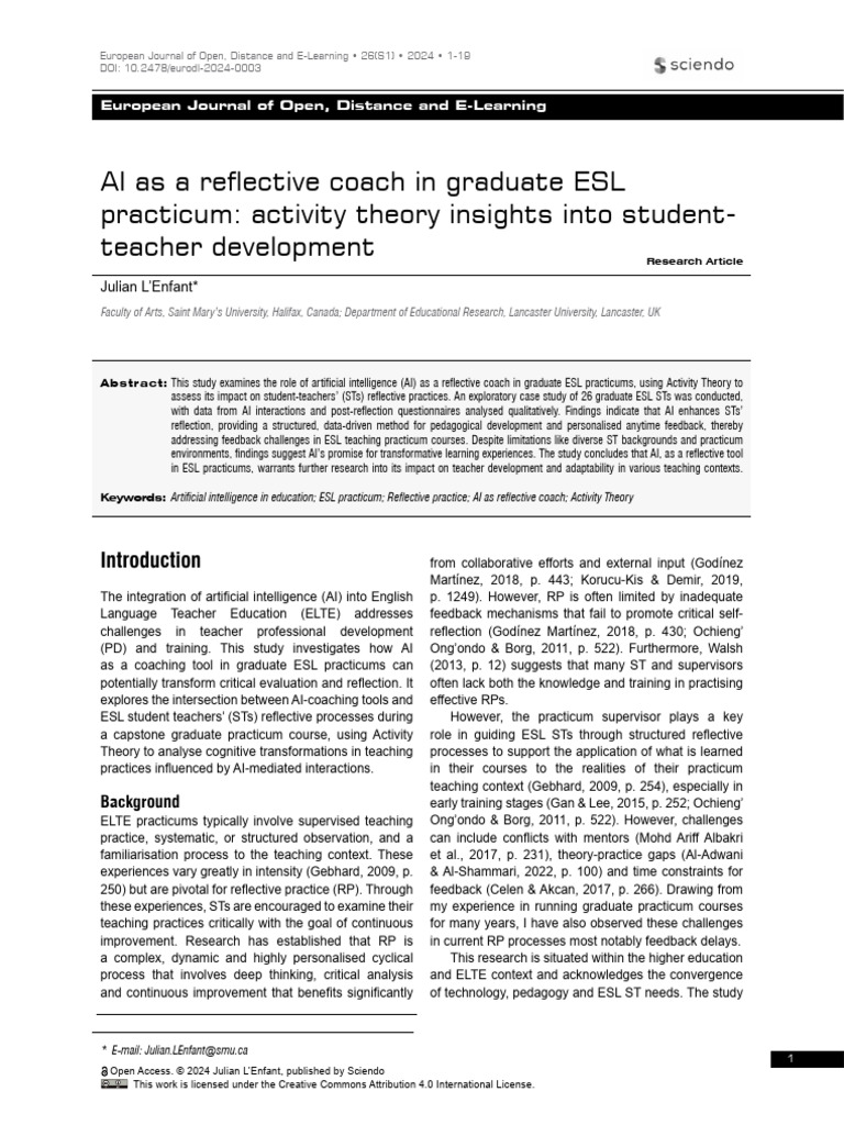 AI As A Reflective Coach in Graduate ESLpracticum Activity Theory ...