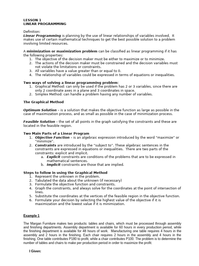 Lesson 1 Linear Programming Pdf Linear Programming Mathematical Optimization
