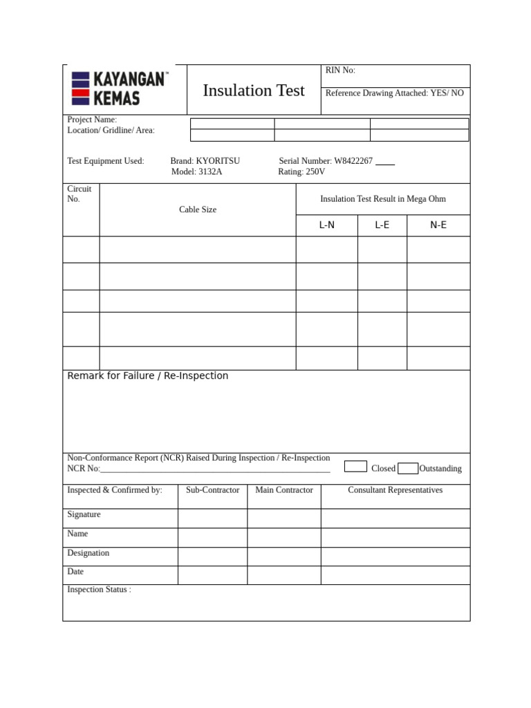 Insulation Test Report Template Pdf