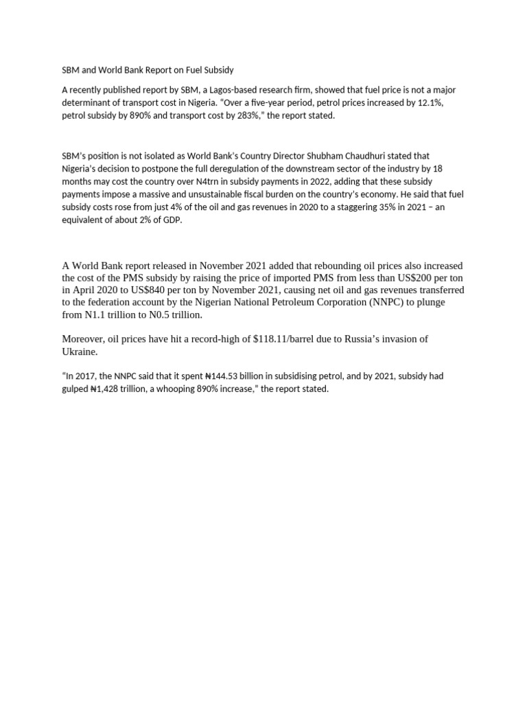 SBM and World Bank Report On Fuel Subsidy | PDF