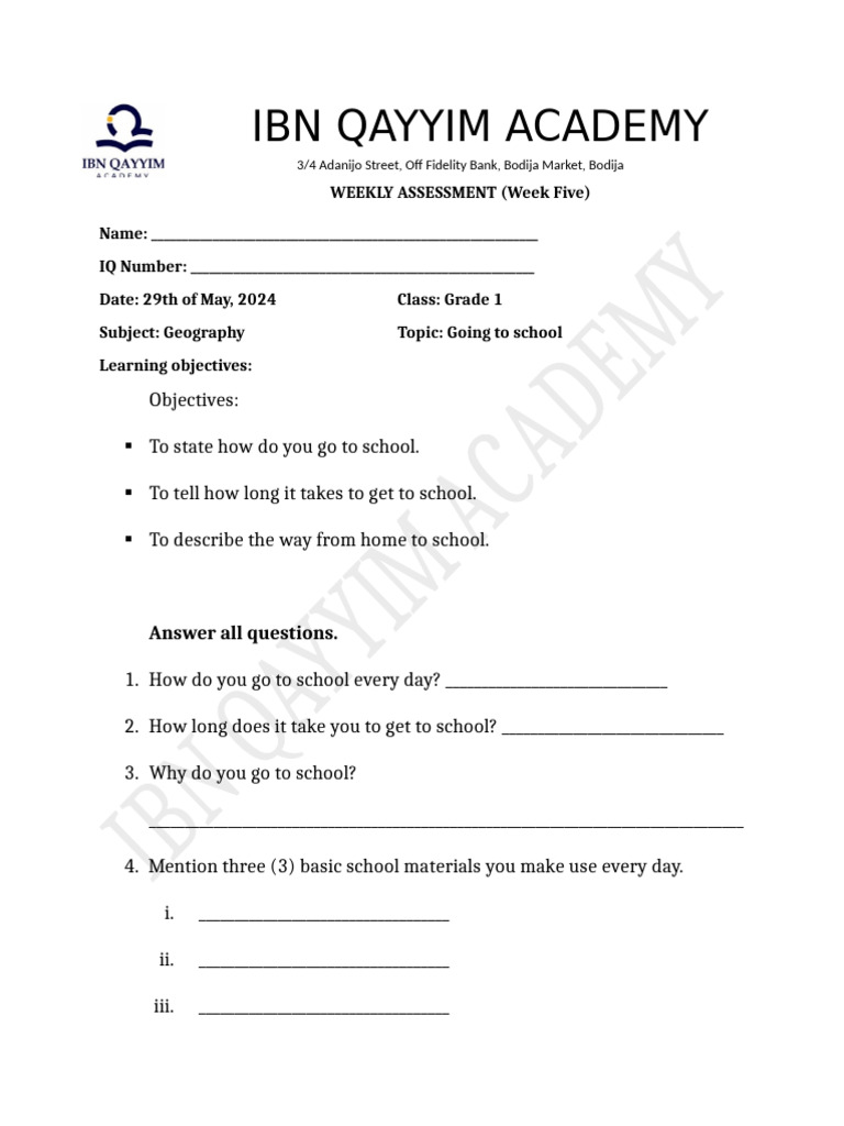 Geography Week 5 Assessment Grade 1 | PDF