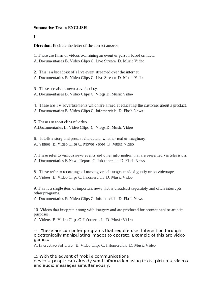 Summative Test in ENGLISH | PDF | Video | Television