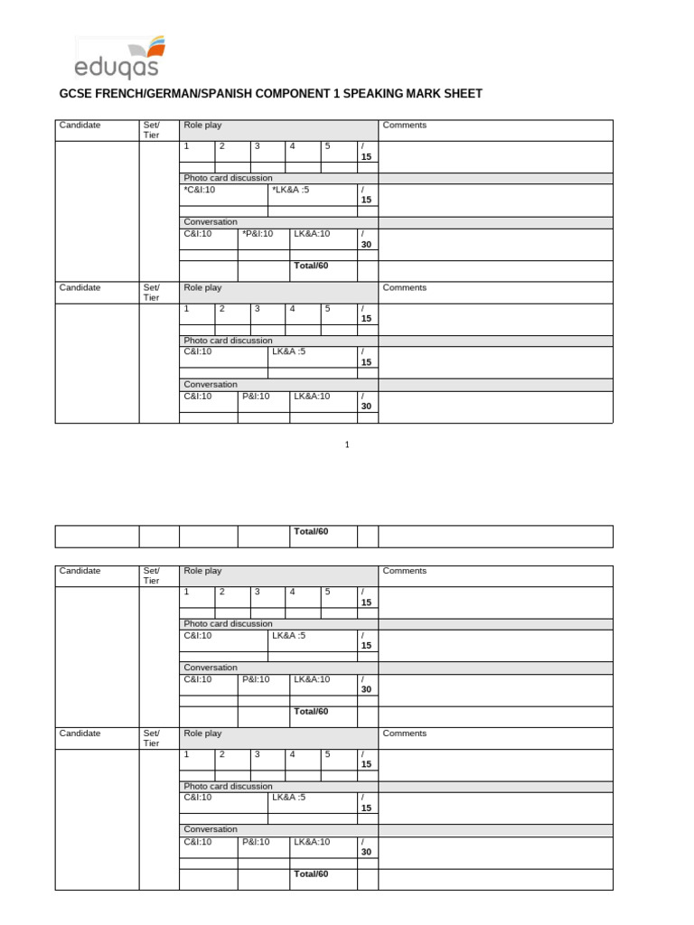 Gcse Speaking Component 1 Mark Sheets | PDF