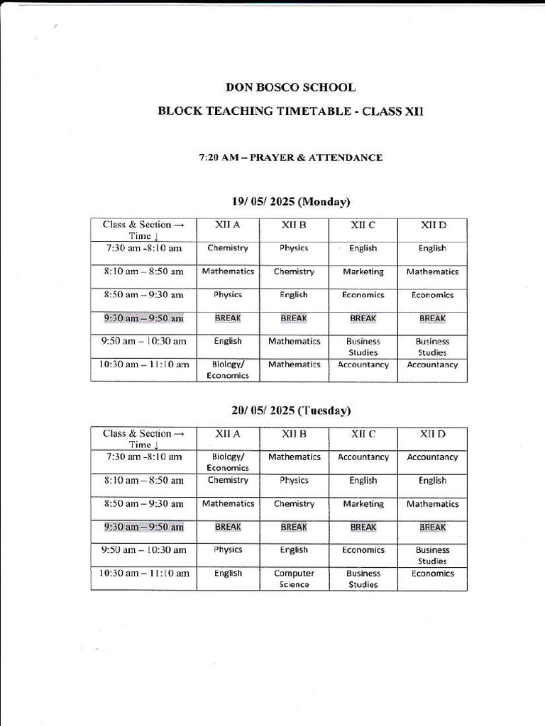 Class Xii Block Teaching Timetable | PDF
