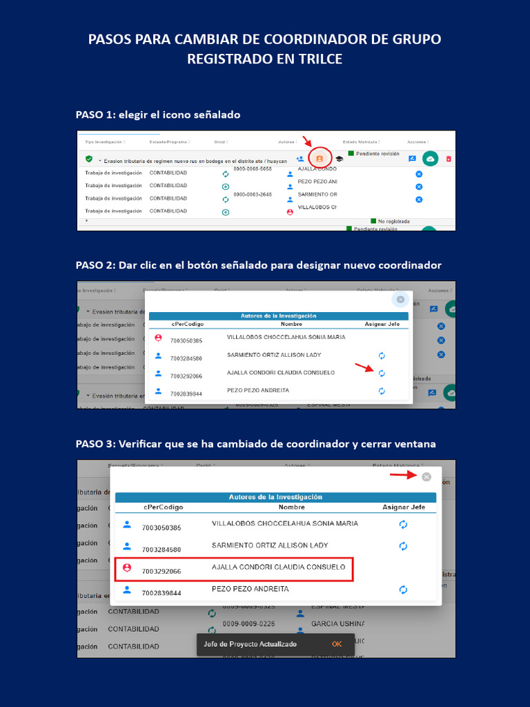 Pasos para Cambiar de Coordinador de Grupo Registrado en Trilce | PDF