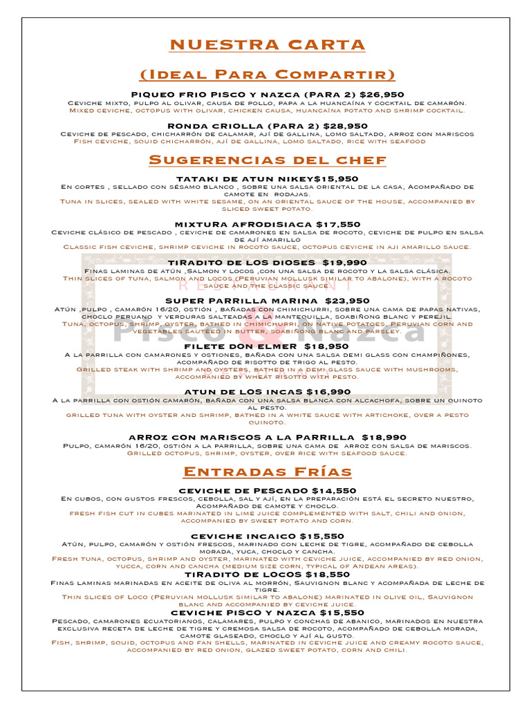 Menú Pisco y Nazca: Platos Peruanos | PDF | Mariscos | filete