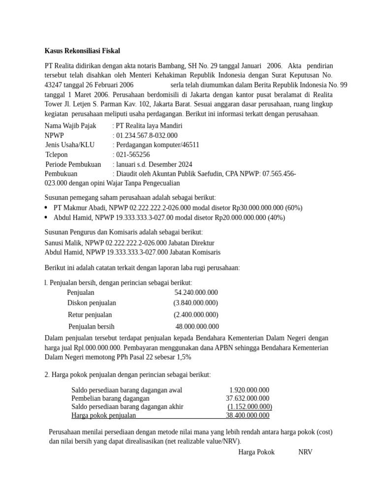 Contoh Rekonsiliasi Fiskal 2024 | PDF
