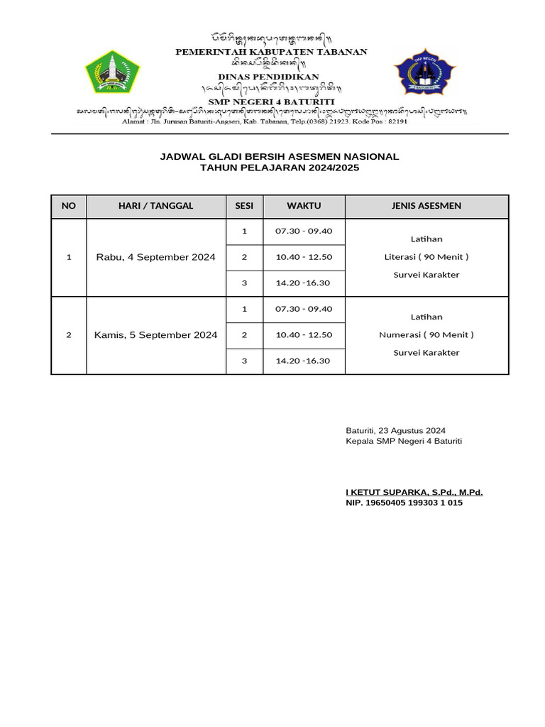 Jadwal Dan Nama Peserta Gladi Anbk 2024 | PDF