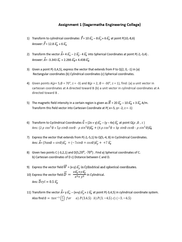 Assignment 1- Electromagnetics | PDF | Coordinate System | Euclidean Vector