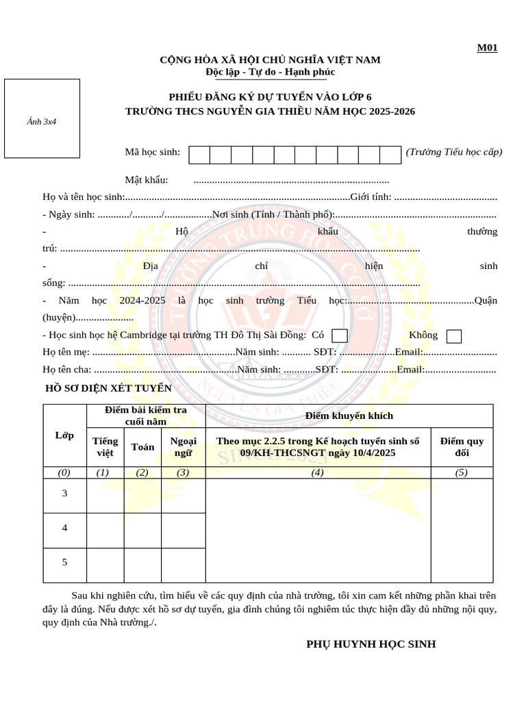 Phieu Dang Ky Du Tuyen Vao Lop 6 Nam Hoc 2025 2026 - 194202510 | PDF