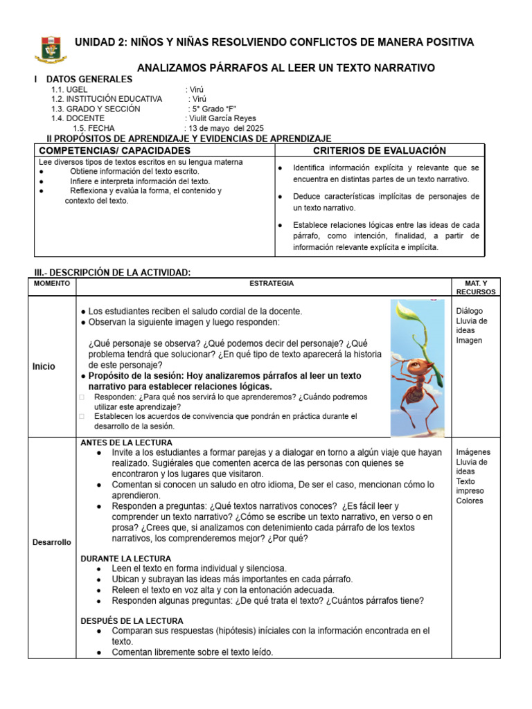 Analizamos Párrafos Al Leer Un Texto Narrativo | PDF | Aprendizaje ...