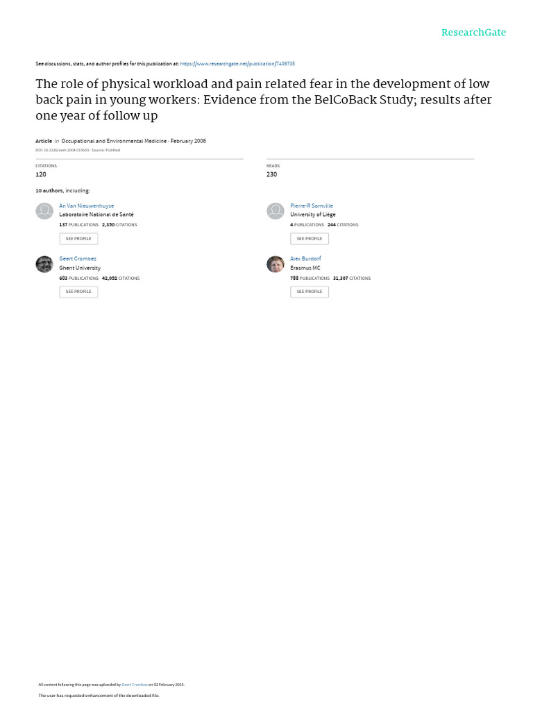 The Role of Physical Workload and Pain Related Fea | PDF | Relative ...