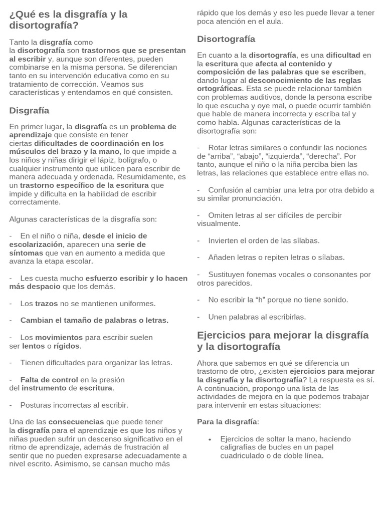 Disgrafía y Disortografía: Características y Ejercicios | PDF ...