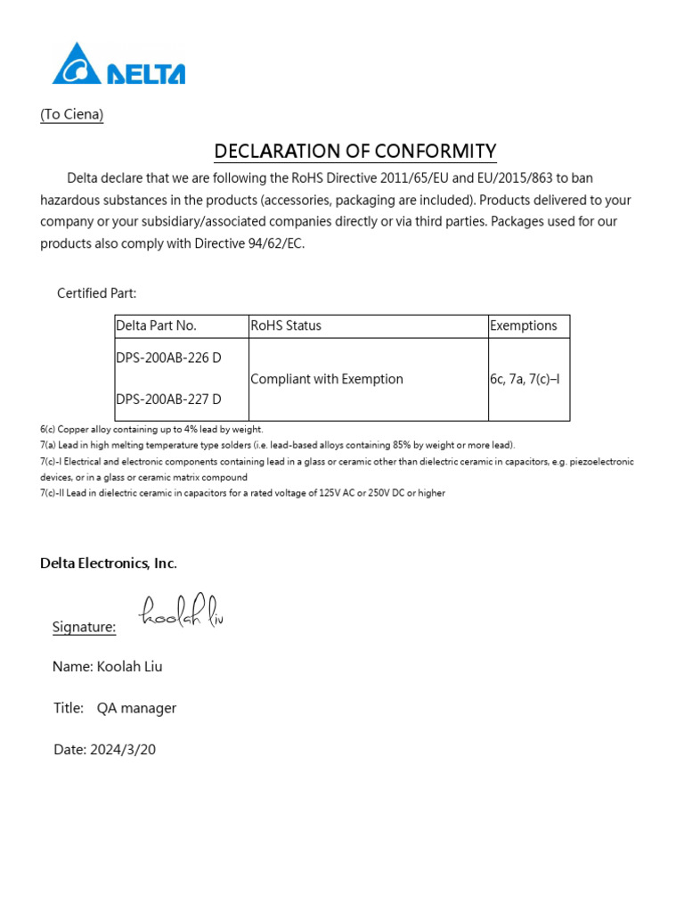 Delta RoHS Letter EU2015863 | PDF