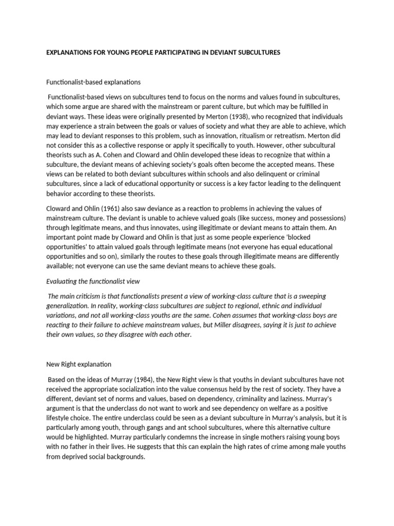 Explanations For Young People Participating in Deviant Subcultures ...