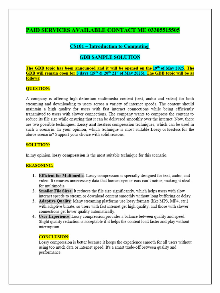 Cs101 GDB Sample Solution by Mano | PDF | Data Compression | Streaming Media