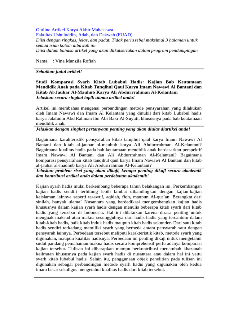 Vina Manzila Rofiah - Outline Artikel Karya Akhir Mahasiswa | PDF