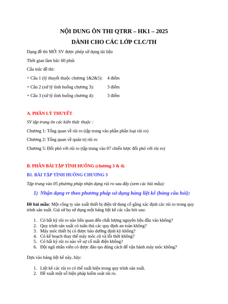 N I DUNG ÔN THI QTRR hk1 2025 CLC TH | PDF