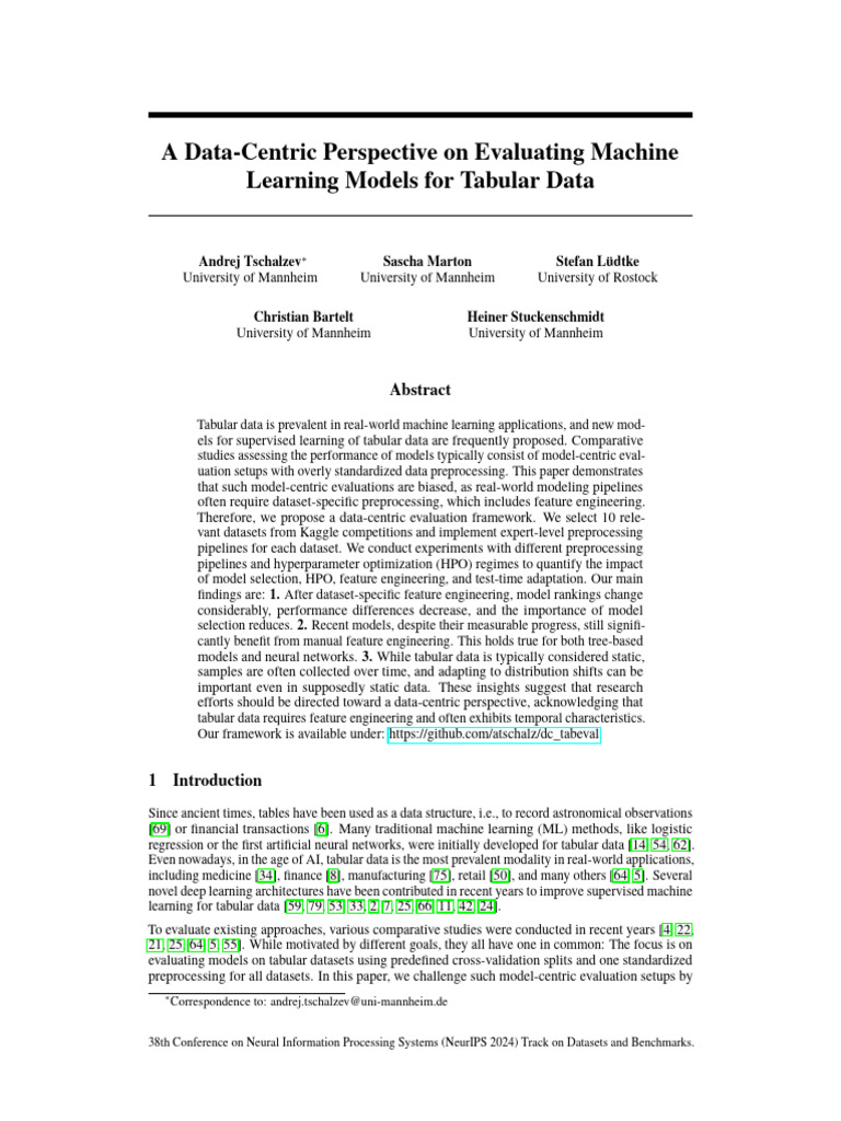 A Data-Centric Perspective On Evaluating Machine Learning Models For Tabular Data | PDF ...