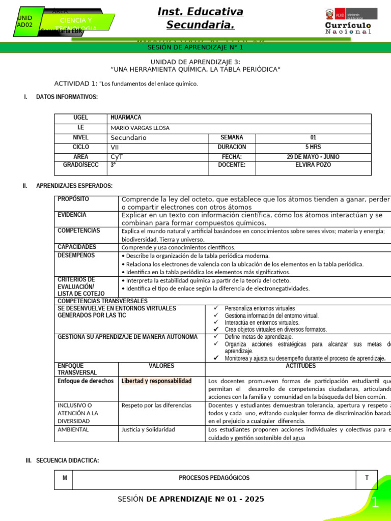 A-3º Ses Act 1-Cyt-Und 3 - Sem 1 | PDF | Enlace químico | Compuestos químicos