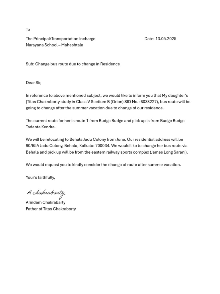 Request for School Bus Route Change | PDF