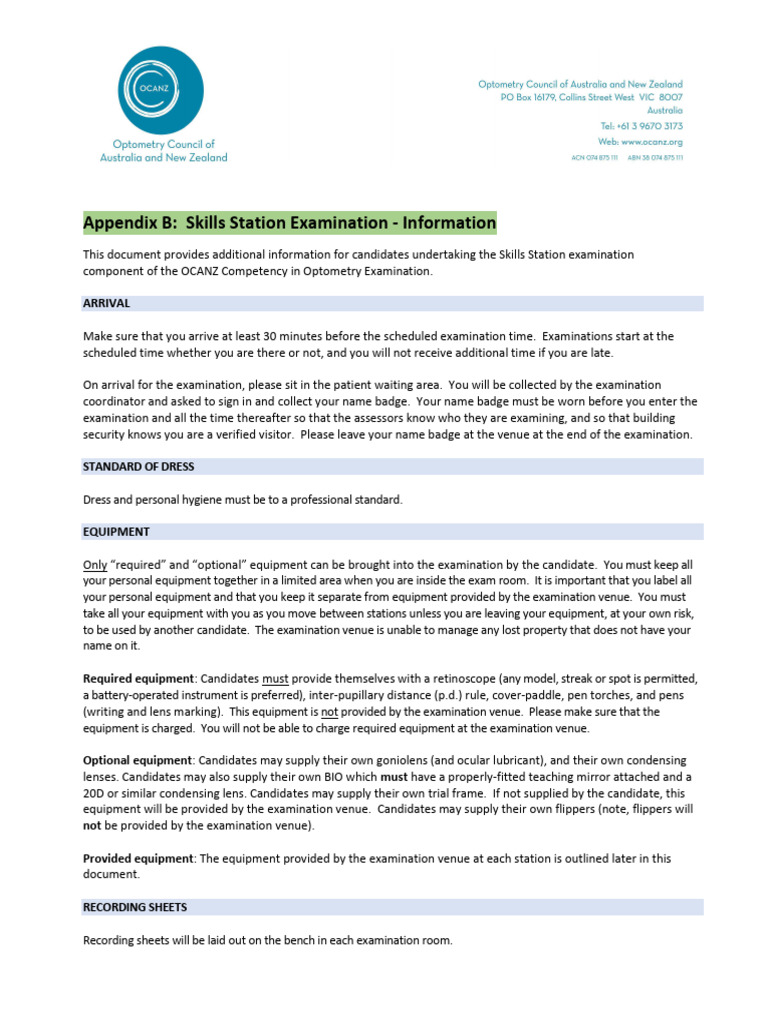 Appendix B Skills Station Examination Information v1.5 | PDF | Glasses | Visual Acuity