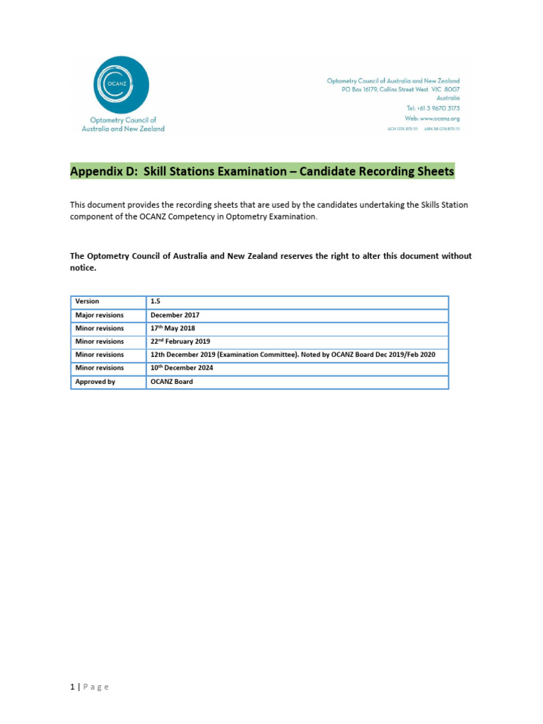 Appendix D Skills Station Examination Candidate Recording Sheets v1.5 ...